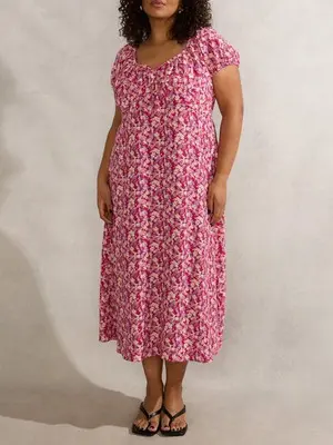 LIVE UNLIMITED Floral Gathered Neck Midi Dress - Pink