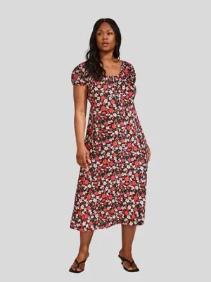 LIVE UNLIMITED Live Unlimited Floral Gathered Neck Midi Dress Red