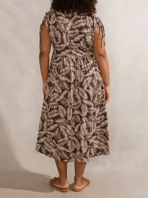 LIVE UNLIMITED Leaf Print Jersey Midi Dress With Drawstring Sleeves