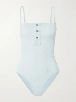 Bottega Veneta Floral Cloqué Swimsuit With Button Details - Blue