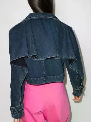 ROTATE BY BIRGER CHRISTENSEN Cropped Denim Jacket With Ruffle Detailing