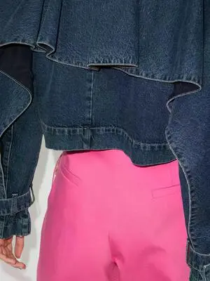 ROTATE BY BIRGER CHRISTENSEN Cropped Denim Jacket With Ruffle Detailing