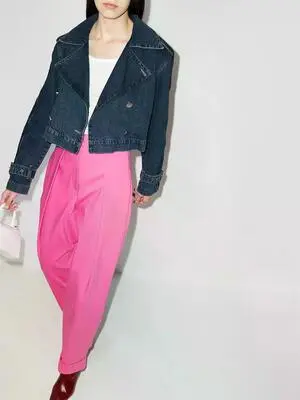 ROTATE BY BIRGER CHRISTENSEN Cropped Denim Jacket With Ruffle Detailing