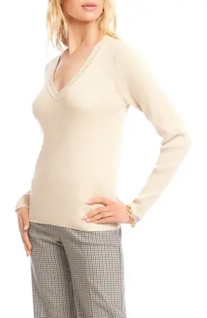 Karen Kane Ribbed V-neck Sweater - Antique Cream Beige