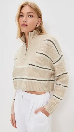 Staud Cropped Hampton Cashmere Sweater - Whisper Stripe