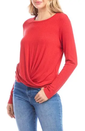Karen Kane Rib Knit Twist Hem Top - Tomato Red