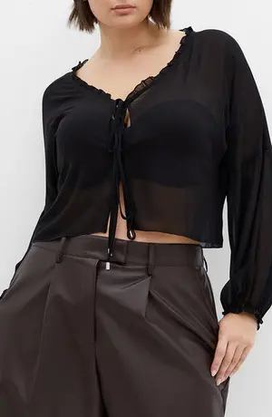 City Chic Ruffle Trim Tie Neck Sheer Top