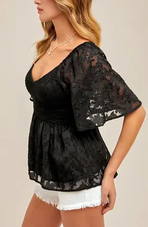KNIT & LOUNGE Textured Chiffon Peplum Top - Black