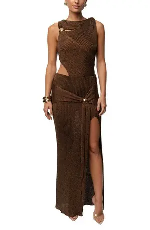JLUXLABEL Hazel Metallic Knit Maxi Skirt - Brown
