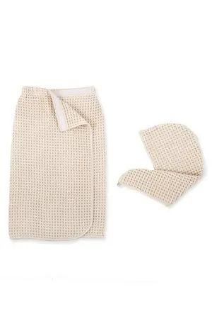 DKNY PURE Pure Yarn Dyed Cotton Waffle Body Wrap & Hair Wrap Set - Natural