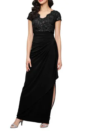 Alex Evenings Sequin Embroidered Ruched Gown - Black