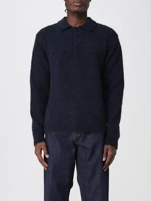 SUNFLOWER Long-sleeved Knitted Polo In Mohair And Alpaca Blend - Blue