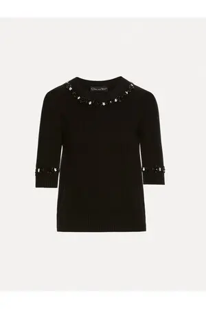 Oscar De La Renta Sequin Floret Trim Pullover