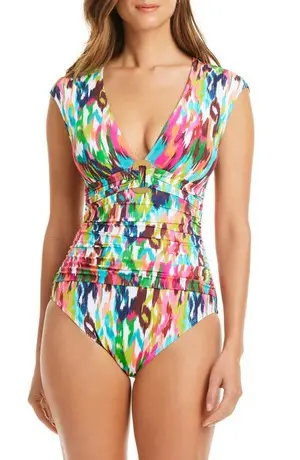 ROD BEATTIE Cap Sleeve Belted One-piece Swimsuit - Aqua/green/pink/white Multi