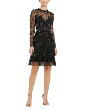 Mac Duggal Embellished Sheer Long Sleeve Midi Dress - Black