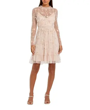 Mac Duggal Embellished Sheer Long Sleeve Midi Dress - Blush