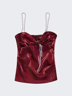 AREA Crystal Embellished Stretch Lamé Top - Red