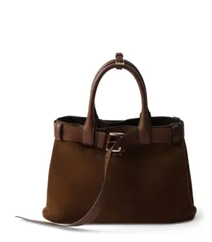 Prada Medium Suede Buckle Tote Bag - Brown