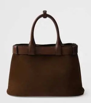 Prada Medium Suede Buckle Tote Bag - Brown