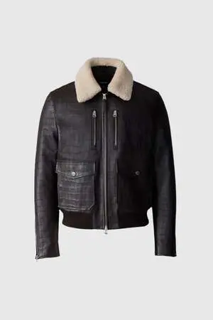 Mackage Croc-embossed Leather Jacket With Shearling Collar - Black