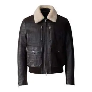 Mackage Croc-embossed Leather Jacket With Shearling Collar - Black