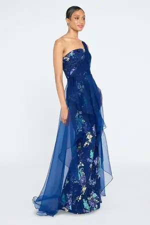 Theia Noemi Beaded Column Gown With Overlay