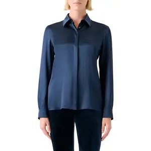 Akris Stretch Silk Satin Button-up Shirt - Denim Blue