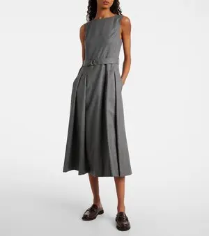 Brunello Cucinelli Belted Virgin Wool Midi Dress - Grey