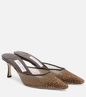 JIMMY CHOO Vivi 65 Crystal-embellished Mesh Mules - Brown