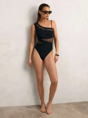 REISS Davina One-shoulder Swimsuit With Mesh Panel - Black