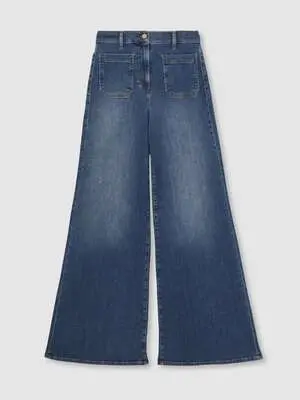 REISS Bella Patch Pocket Wide Leg Jeans - Mid Blue