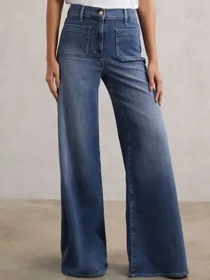 REISS Bella Patch Pocket Wide Leg Jeans - Mid Blue