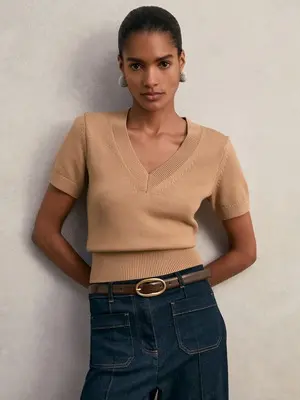 REISS Cotton-wool Knit V-neck Top - Camel