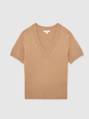 REISS Cotton-wool Knit V-neck Top - Camel