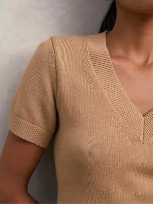REISS Cotton-wool Knit V-neck Top - Camel
