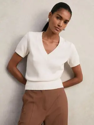 REISS Cotton-wool Knit V-neck Top - Ivory