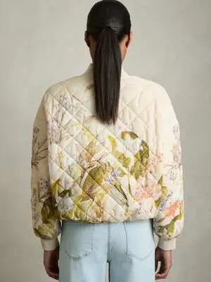 REISS Printed Quilted Bomber Jacket - Pink Print