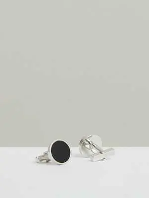 REISS Ardley Inlaid Round Cufflinks - Silver Tone/onyx