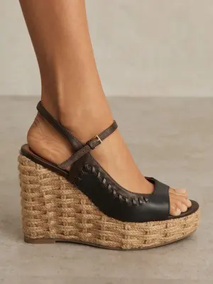 REISS Camila Leather Whipstitch Wedge Sandals