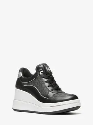 Michael Kors Emmy Signature Logo And Leather Wedge Trainer - Black