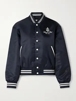 SPORTY & RICH Vendome Embroidered Striped Bomber Jacket - Blue