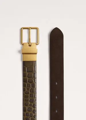 ME+EM Croc-print Reversible Belt - Intense Olive/dark Chocolate