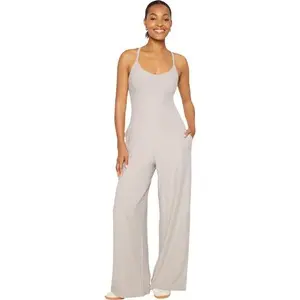 FABLETICS Cloud Jersey Wide Leg Jumpsuit Light Sand Heather