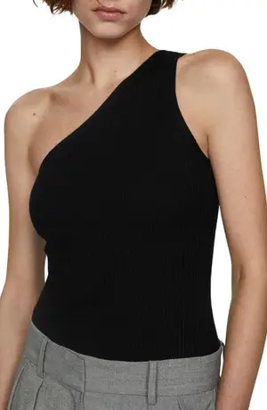Mango Ribbed One-shoulder Top - Black