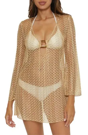 BECCA® By Rebecca Virtue Metallic Long Sleeve Sheer Cover-up Dress - Gold
