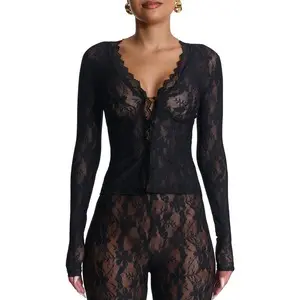 Naked Wardrobe Lace Long-sleeve Button-up Top