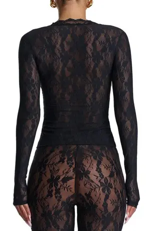 Naked Wardrobe Lace Long-sleeve Button-up Top