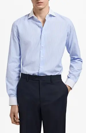 Mango Slim Fit Stripe Cotton Button-up Shirt - Sky Blue