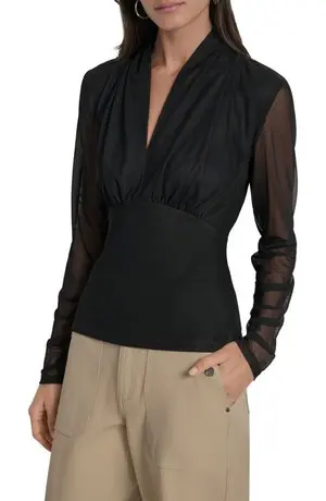 Dkny V-neck Top With Mesh Sleeves - Black