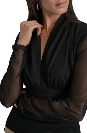 Dkny V-neck Top With Mesh Sleeves
